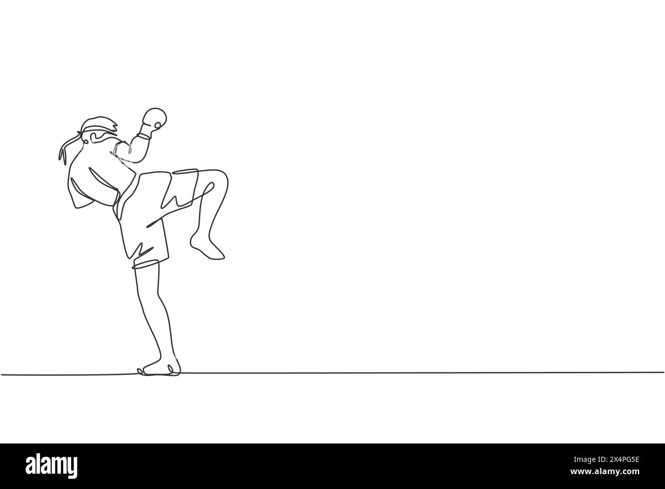 Single continuous line drawing young sportive man training thai boxing ...