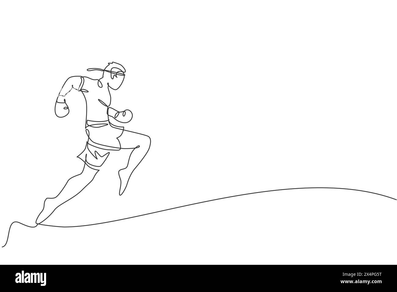 One continuous line drawing of young sporty muay thai boxer man ...