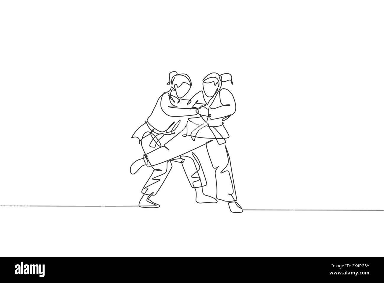 One continuous line drawing two young sporty women training judo ...