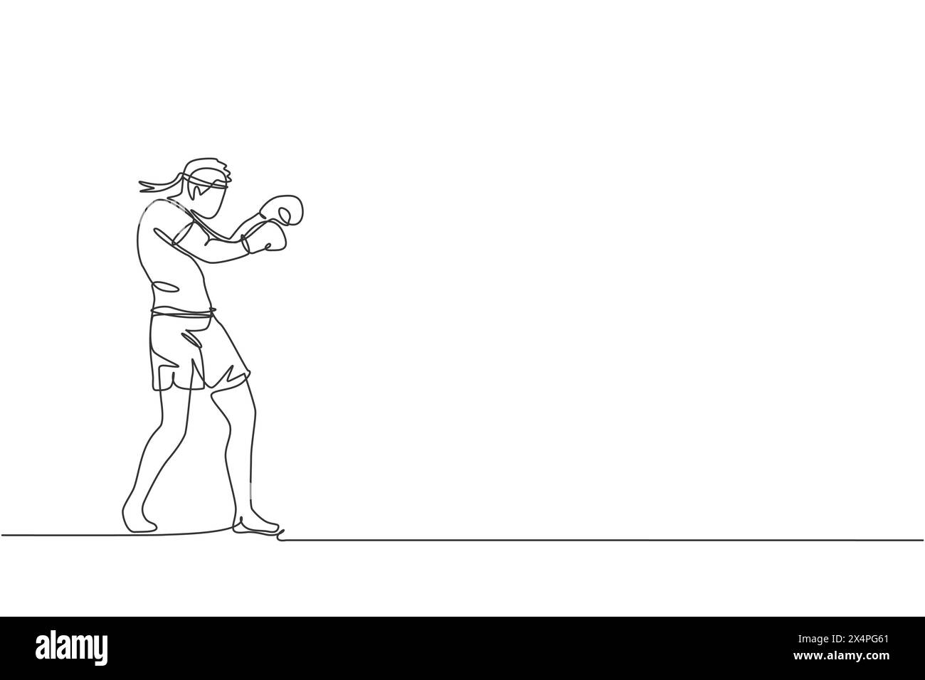 Single continuous line drawing of young man training thai preparing to ...