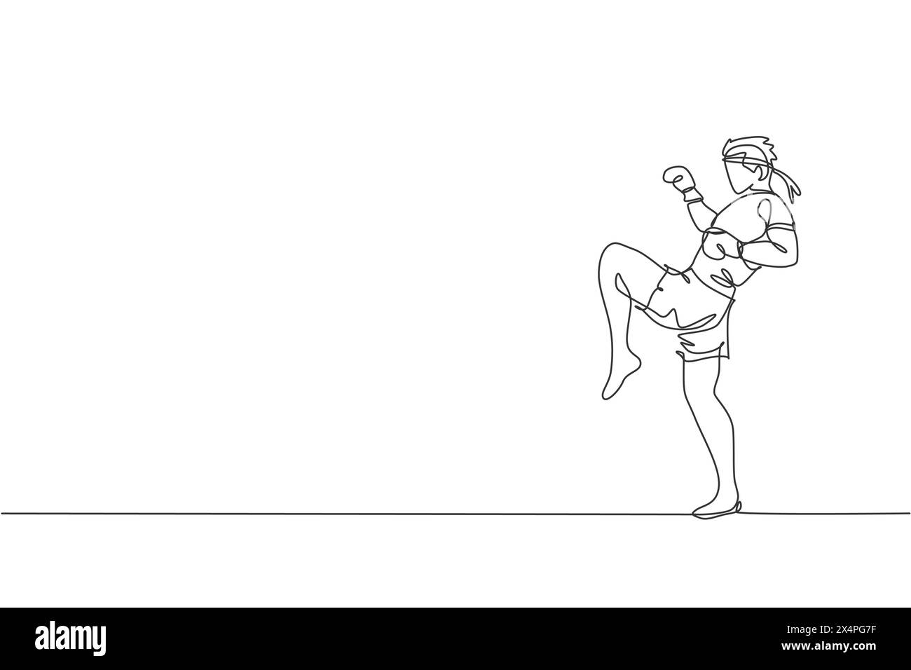 One continuous line drawing of young sporty muay thai boxer man ...