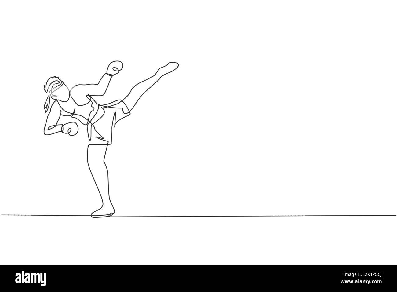 Single continuous line drawing young sportive man training thai boxing ...