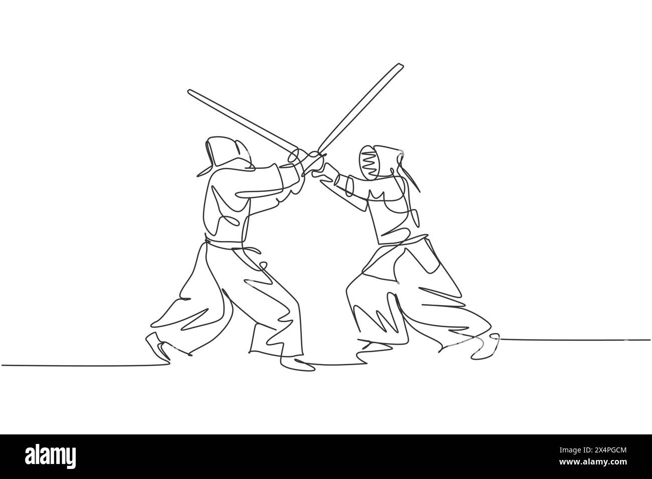 One continuous line drawing of two young sporty men training kendo ...