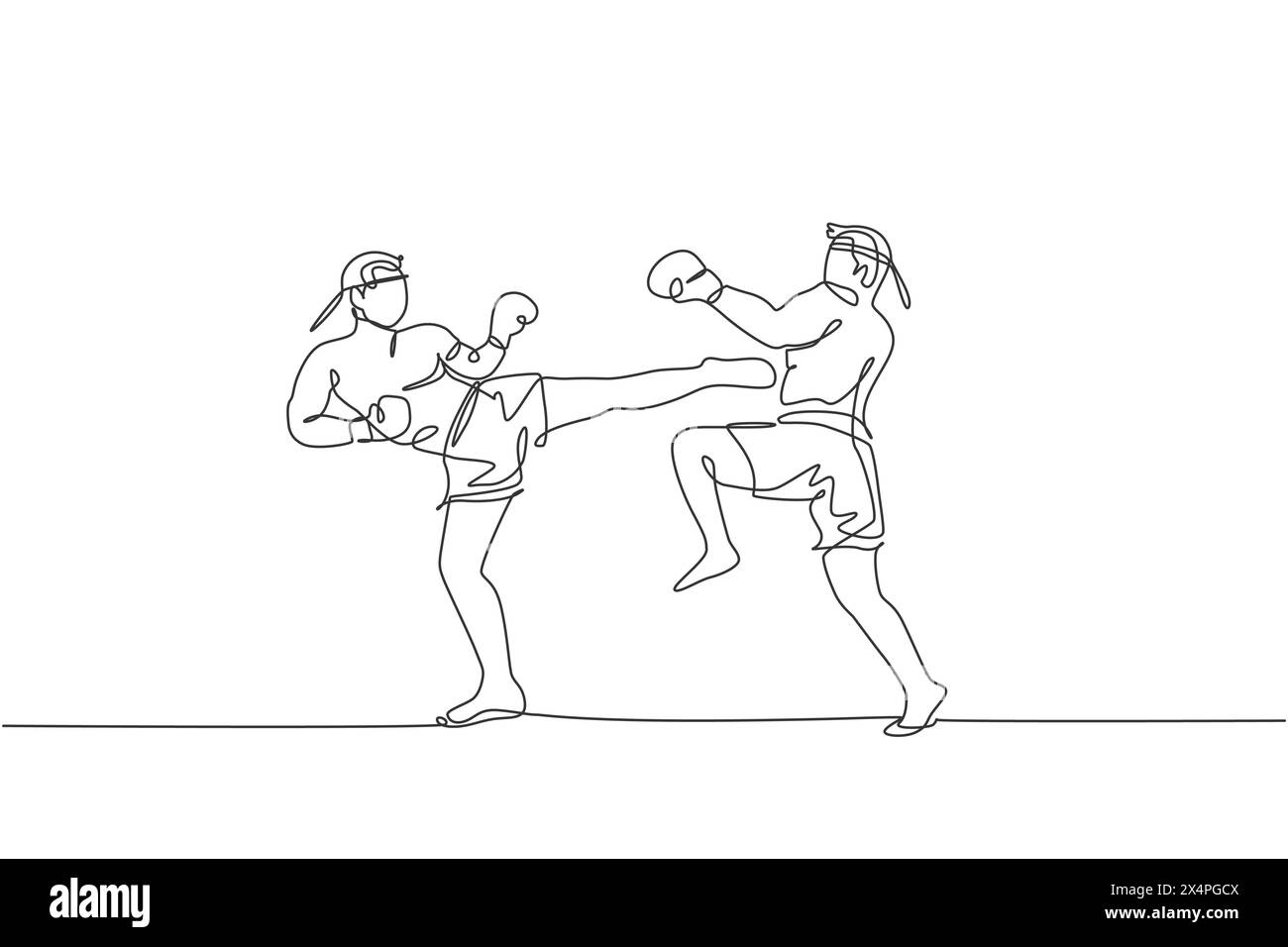 One continuous line drawing of two young sporty muay thai boxer men ...