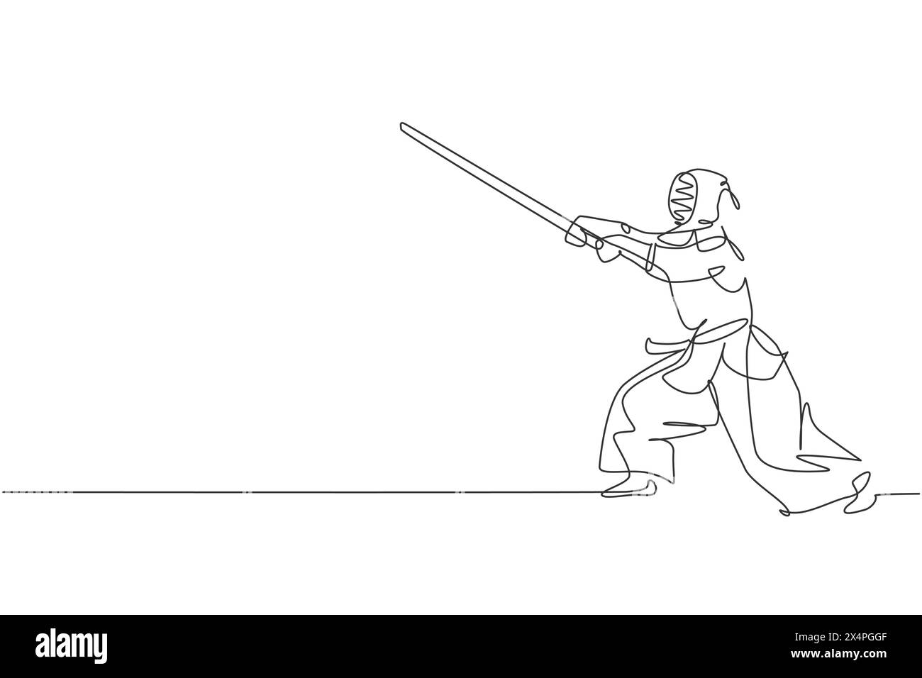 One single line drawing young energetic man exercise attack kendo skill ...