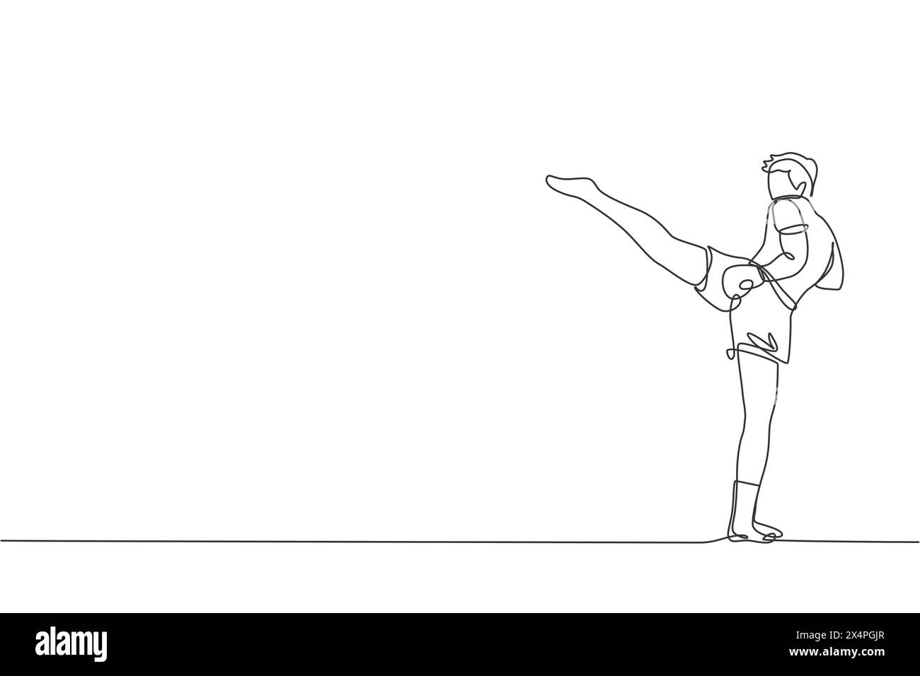 One single line drawing of young energetic muay thai fighter man ...