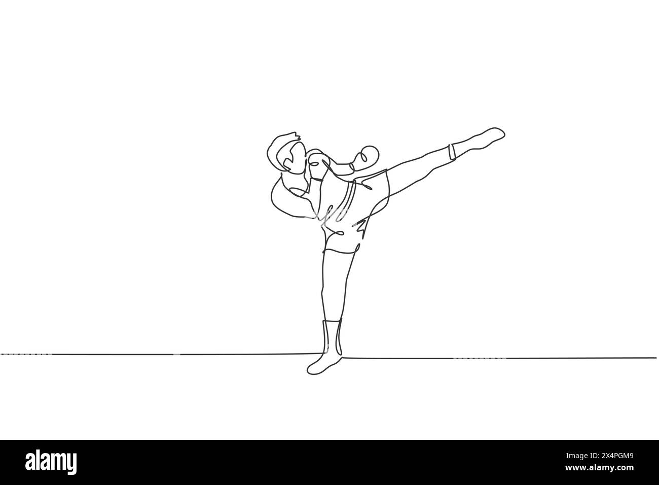 Single continuous line drawing young sportive man training thai boxing ...