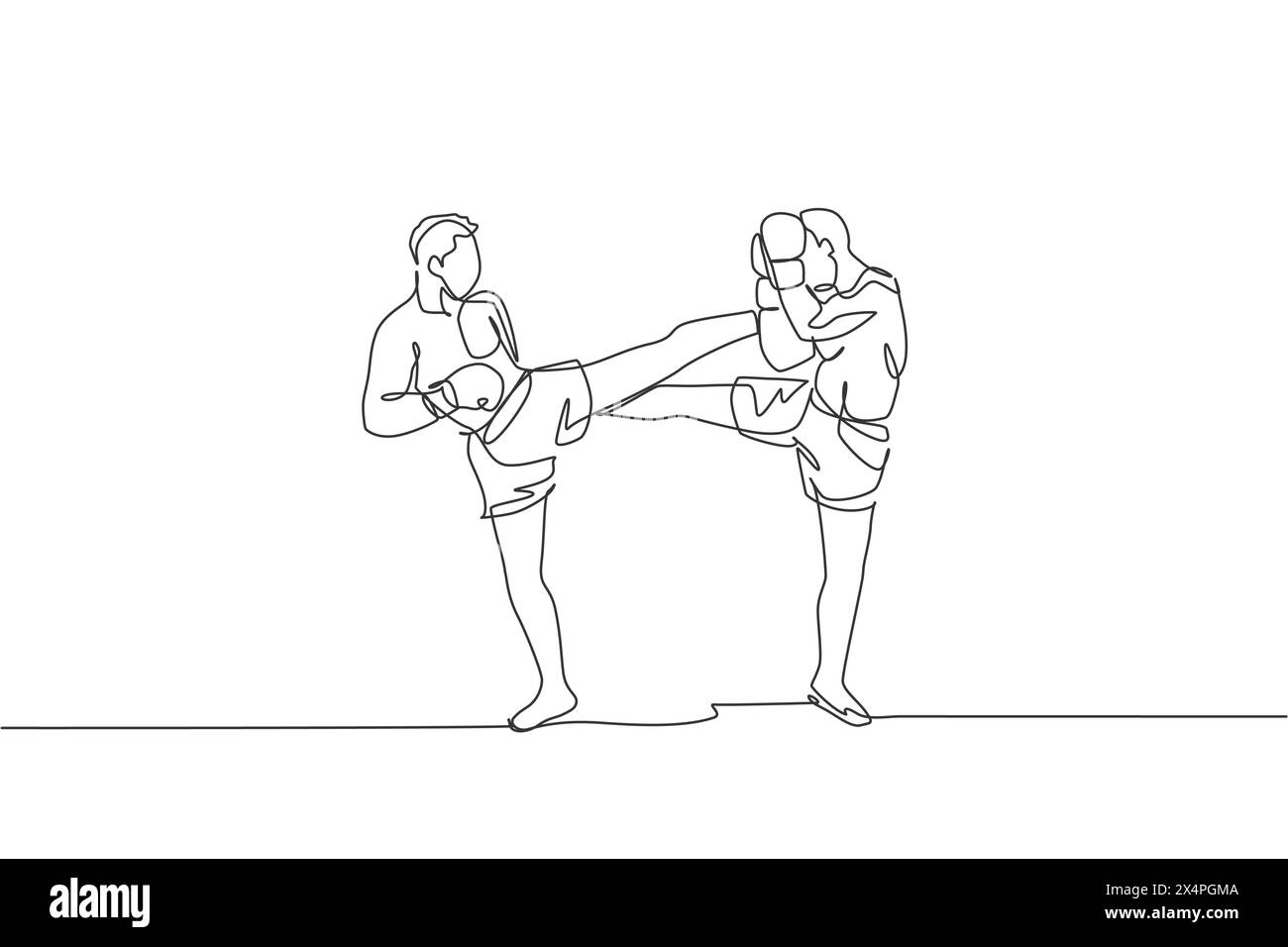 One continuous line drawing of young sporty man kickboxer athlete fight ...