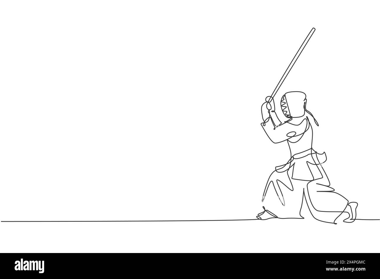 One single line drawing of young energetic man exercise kendo stance ...