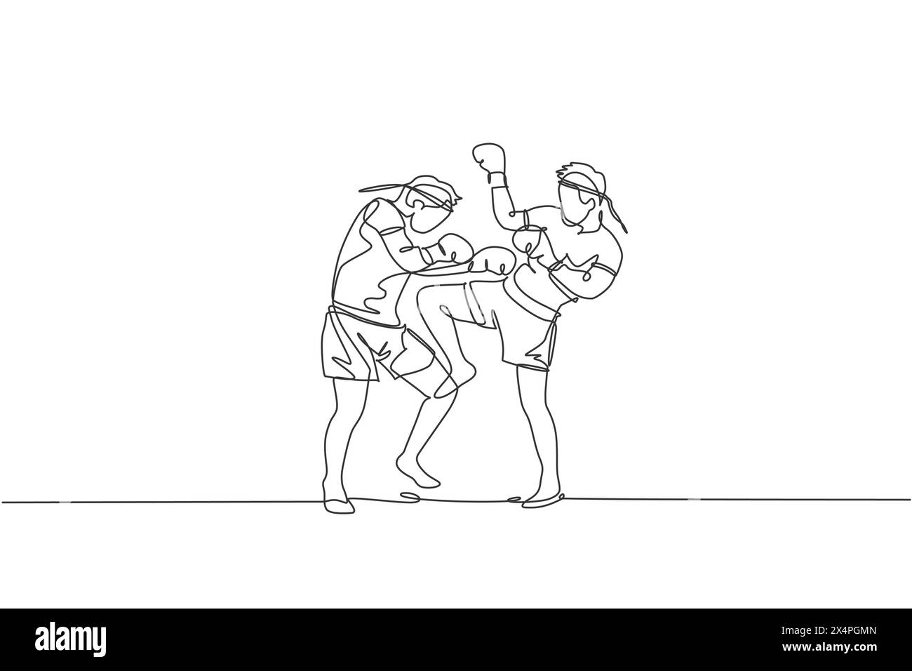 One continuous line drawing of two young sporty muay thai boxer men ...