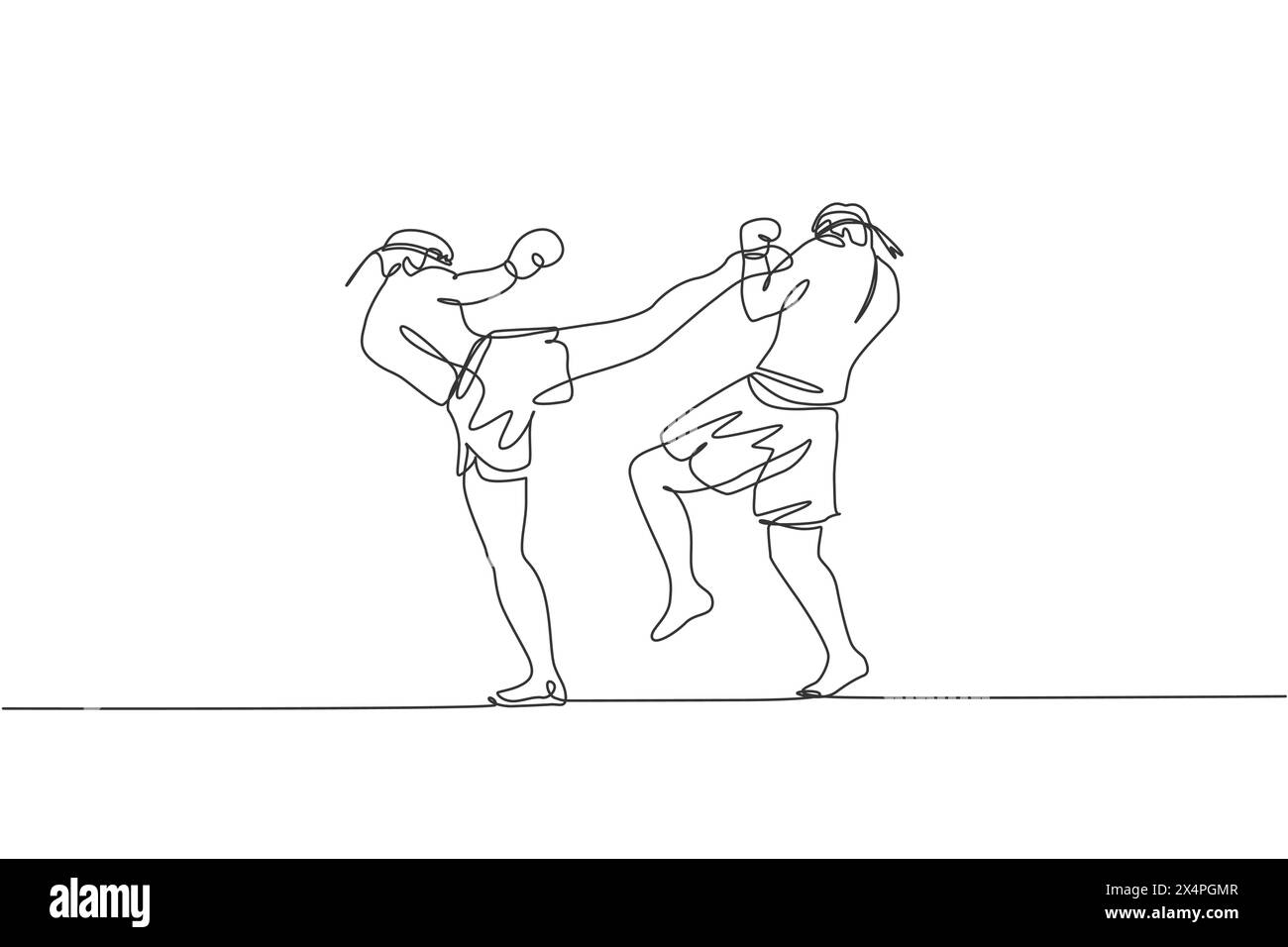 Single continuous line drawing of two young sportive men training thai ...