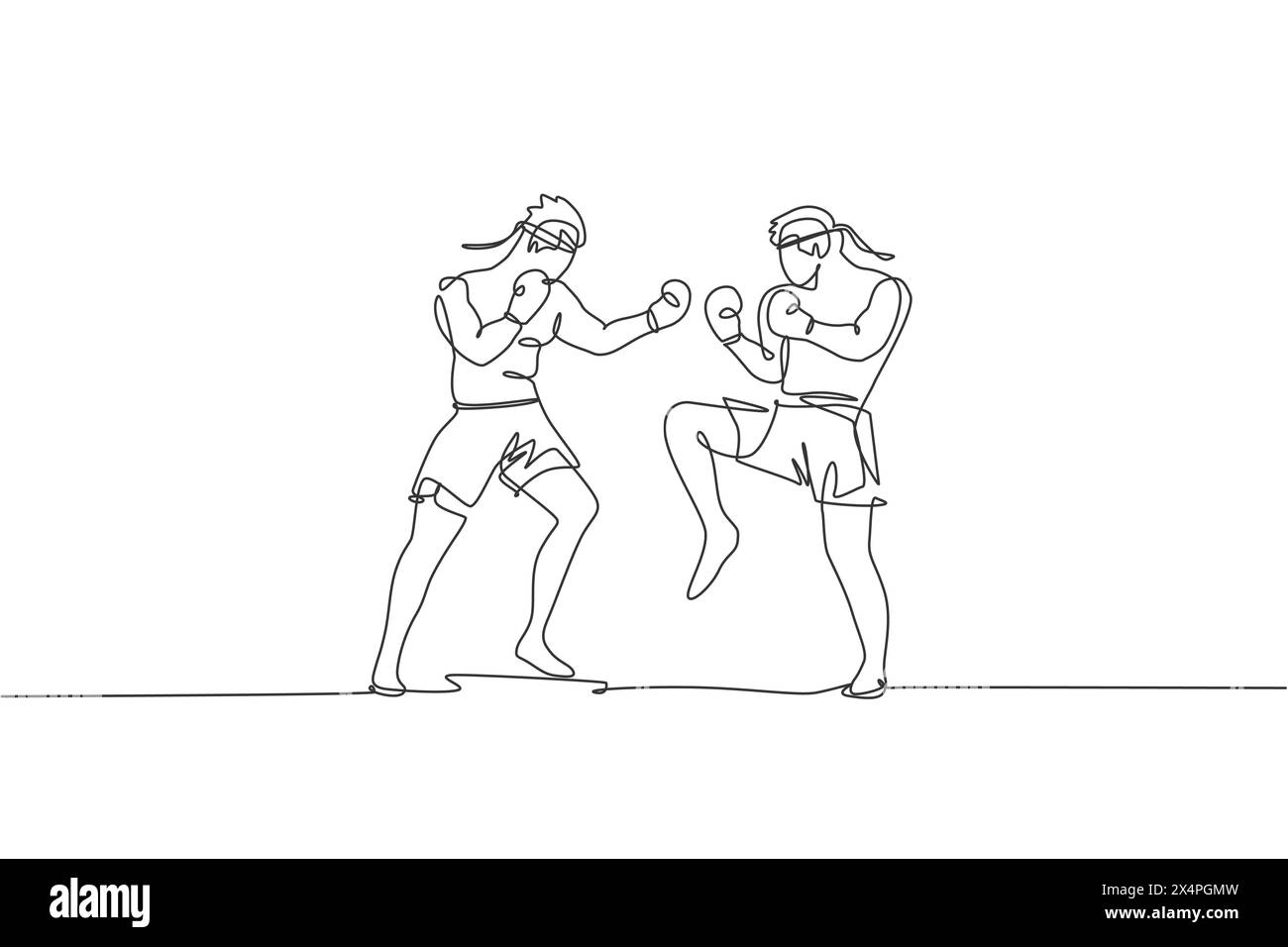 One single line drawing of two young energetic muay thai fighter men ...