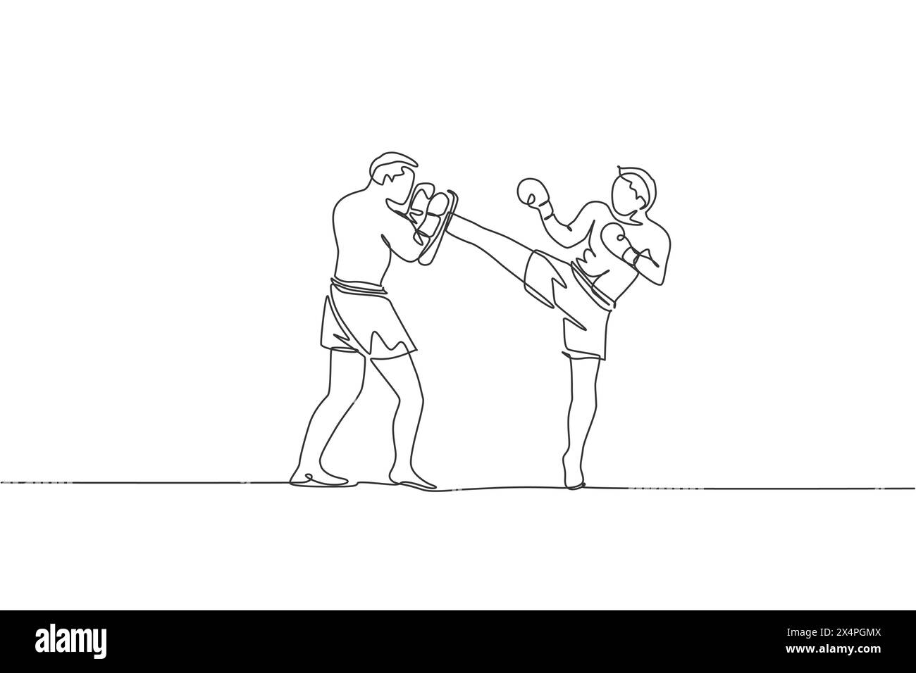 One single line drawing of young energetic man kickboxer practice with ...