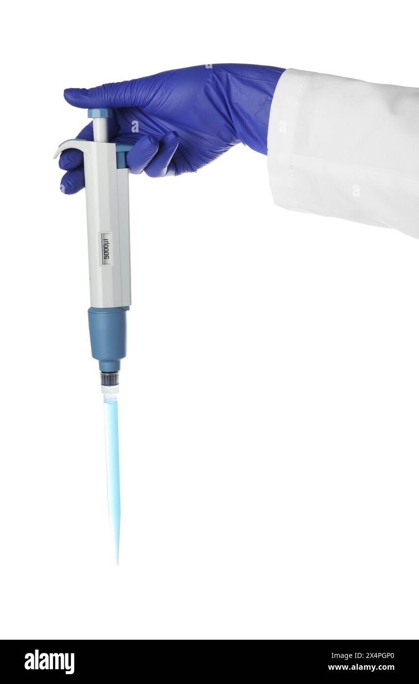 Laboratory analysis. Scientist holding micropipette on white background ...