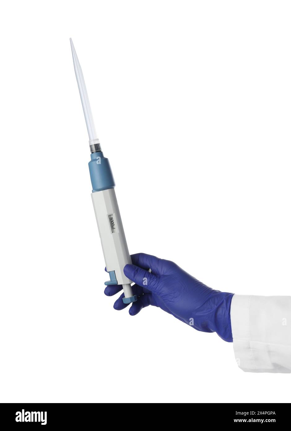 Laboratory analysis. Scientist holding micropipette on white background ...