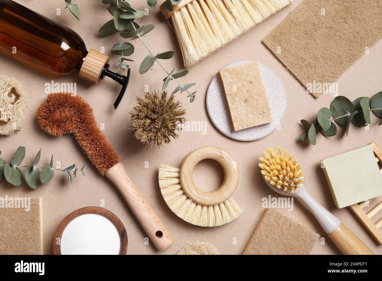 Cleaning brushes, baking soda, soap, sponges and eucalyptus leaves on ...