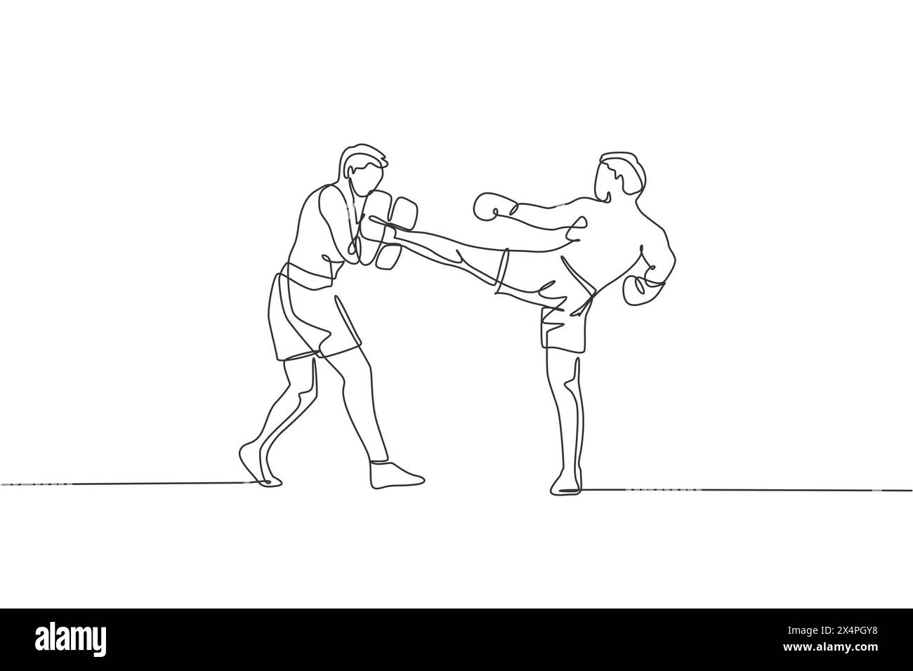 Single continuous line drawing of young sportive man kickboxer exercise ...