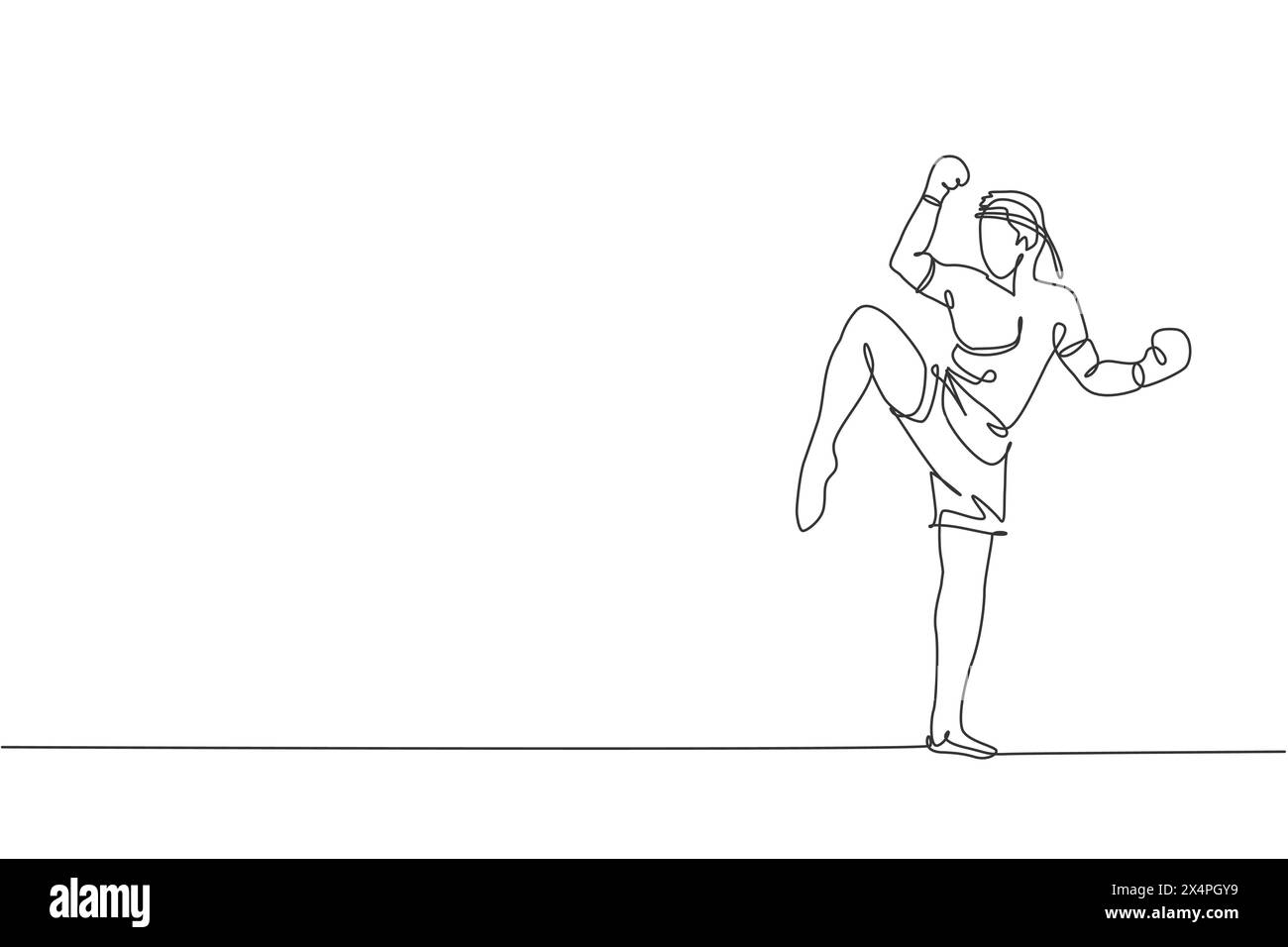 One single line drawing of young energetic muay thai fighter man pose ...