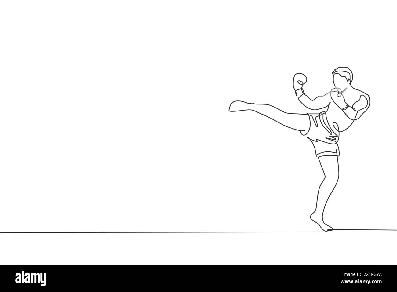 One continuous line drawing of young sporty man kickboxer athlete ...