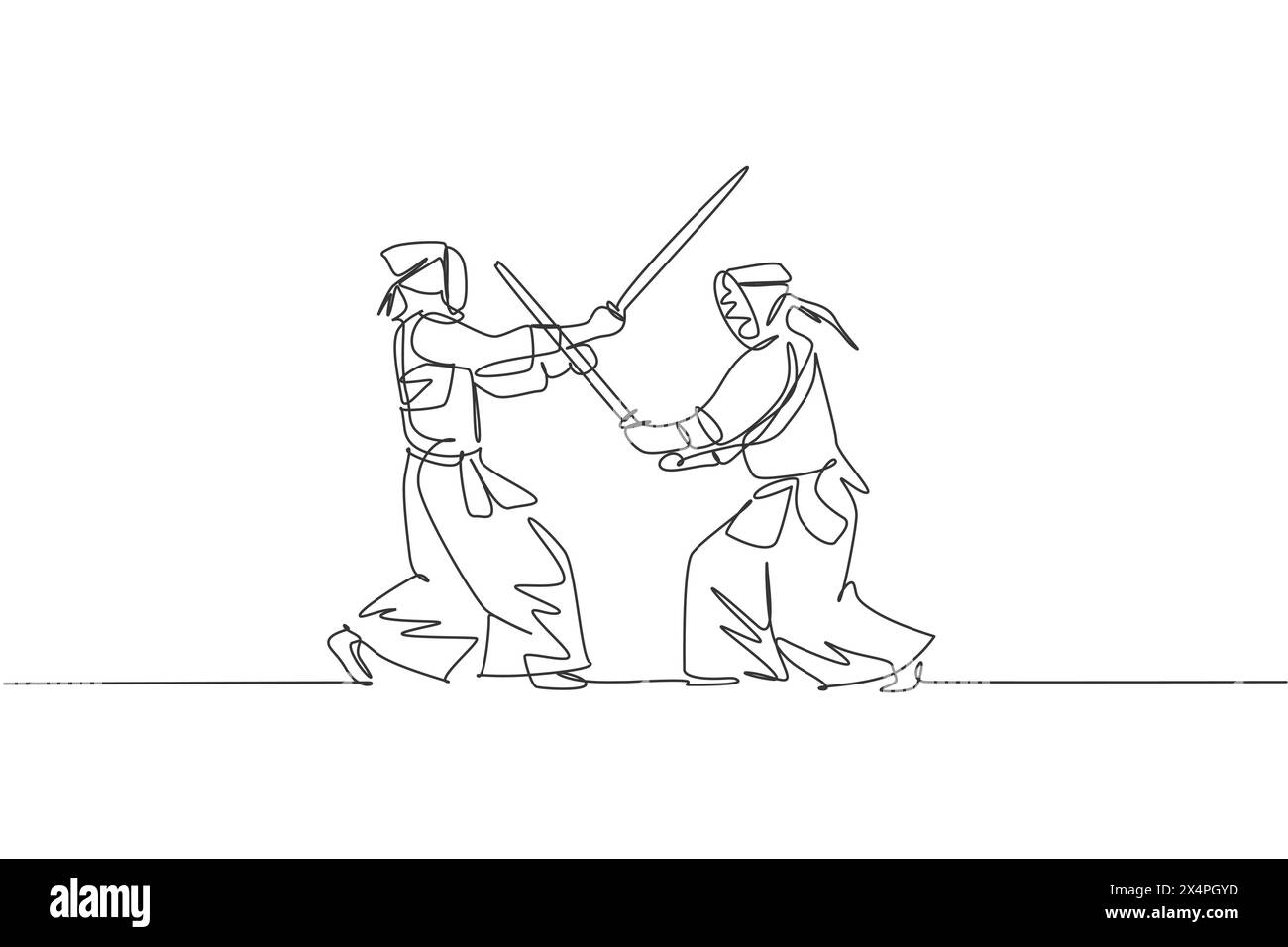 One continuous line drawing of two young sporty men spare fighting ...