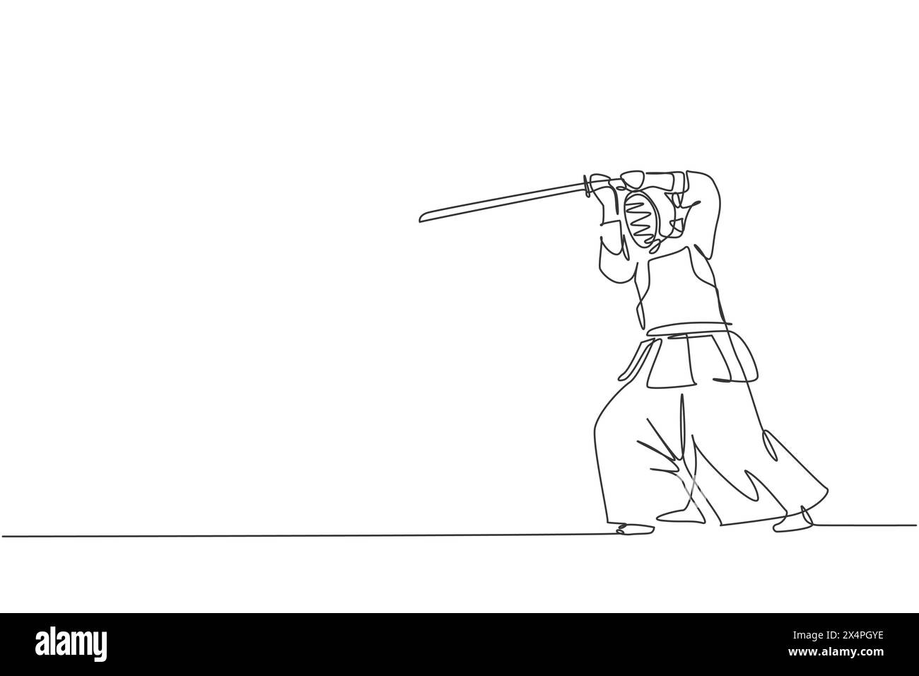 One continuous line drawing of young sporty man training kendo defense ...