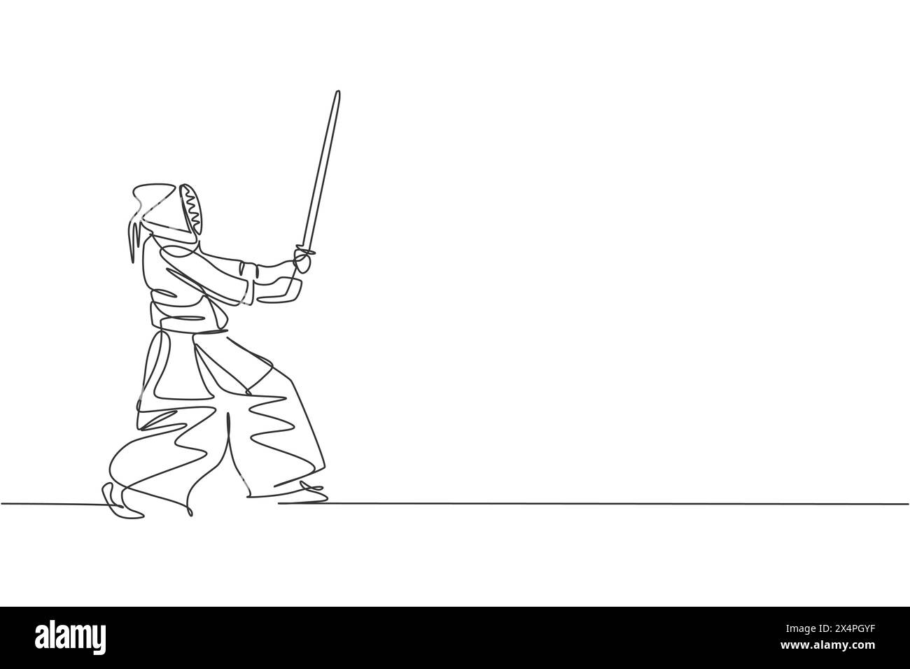 One single line drawing young energetic man exercise defense kendo skill with wooden sword at ...