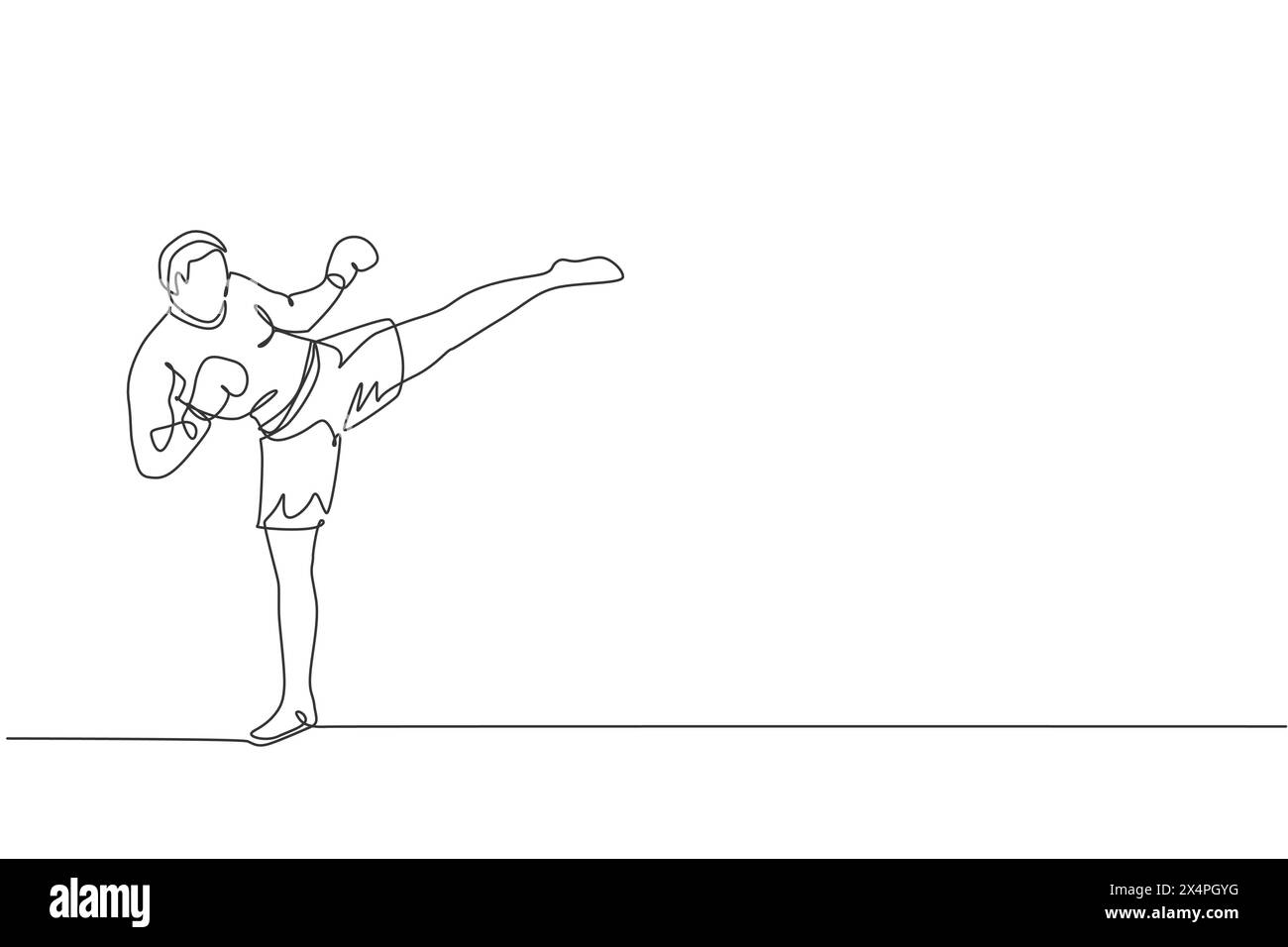One continuous line drawing of young sporty man kickboxer athlete ...