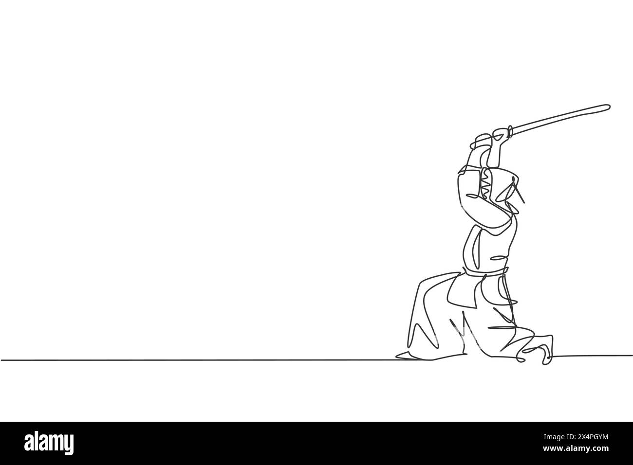 One continuous line drawing of young sporty man training kendo attack ...
