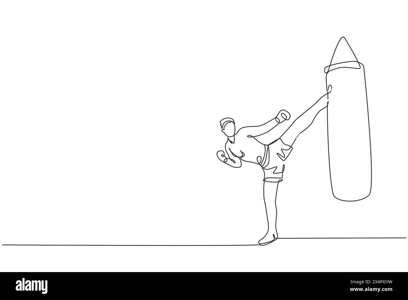 Single continuous line drawing of young sportive man kickboxer exercise ...