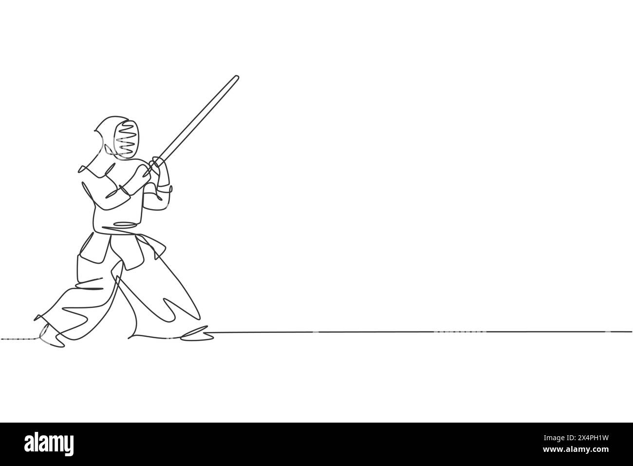 One continuous line drawing young sporty man training kendo defense ...