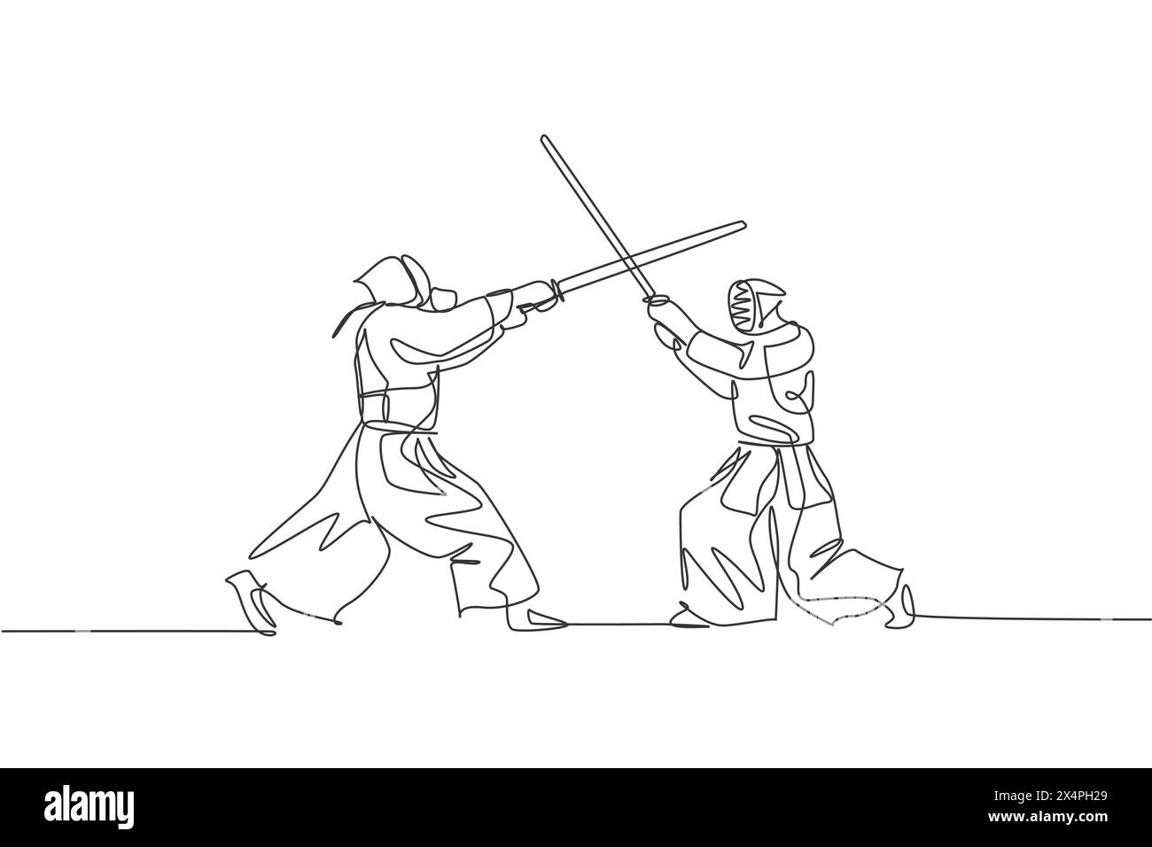 One continuous line drawing two young men fighting to get kendo ...