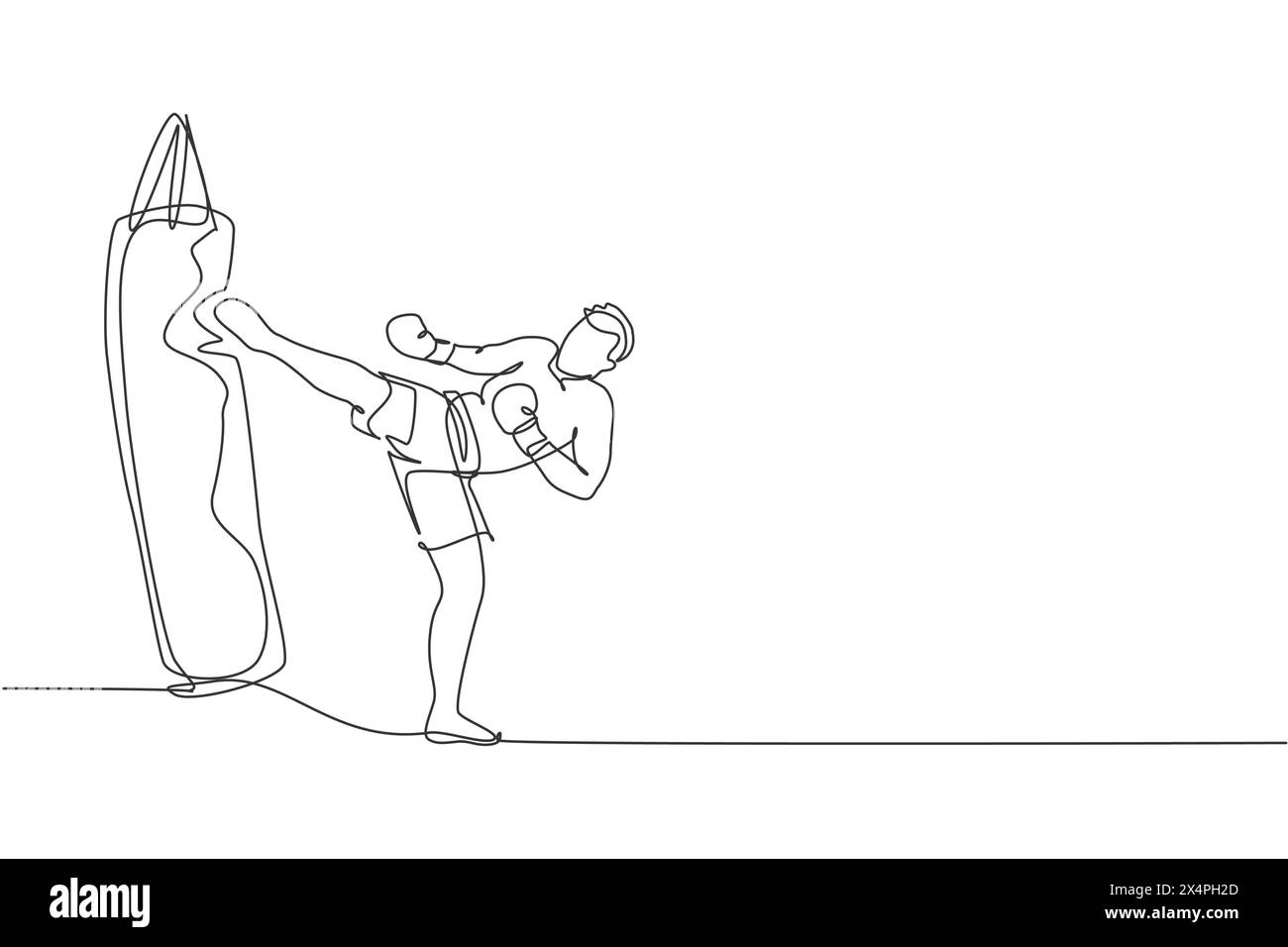 One continuous line drawing of young sporty man kickboxer athlete ...