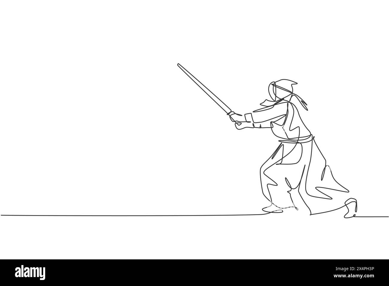One continuous line drawing young sporty man training kendo defense ...