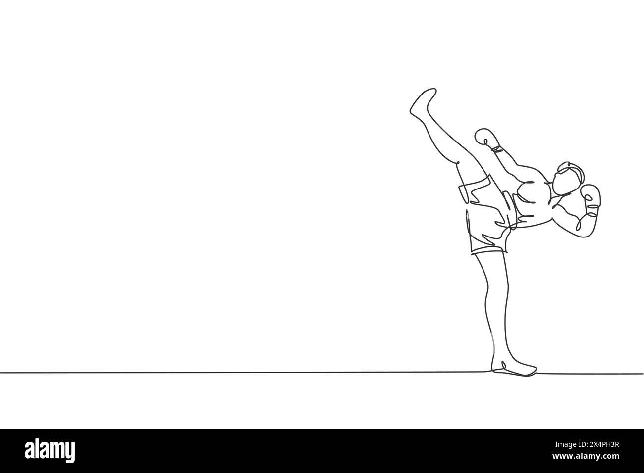 Single continuous line drawing of young sportive man kickboxer exercise ...
