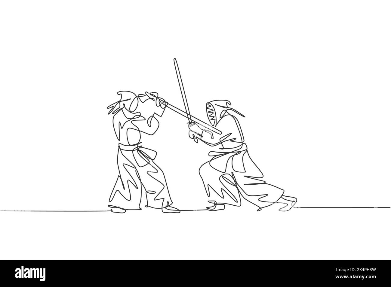 One continuous line drawing of two young sporty men fighting skill on ...