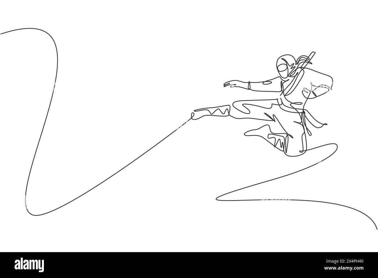 Single continuous line drawing of young Japanese culture ninja warrior ...