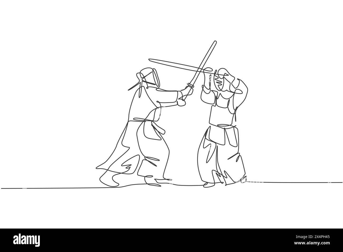 One single line drawing of two young energetic man exercise kendo ...