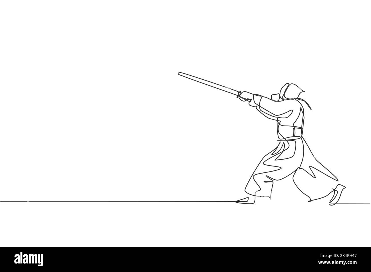 One single line drawing energetic man exercise attack skill on kendo ...