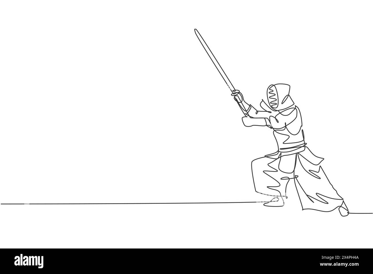 Single continuous line drawing of young sportive man practicing kendo ...