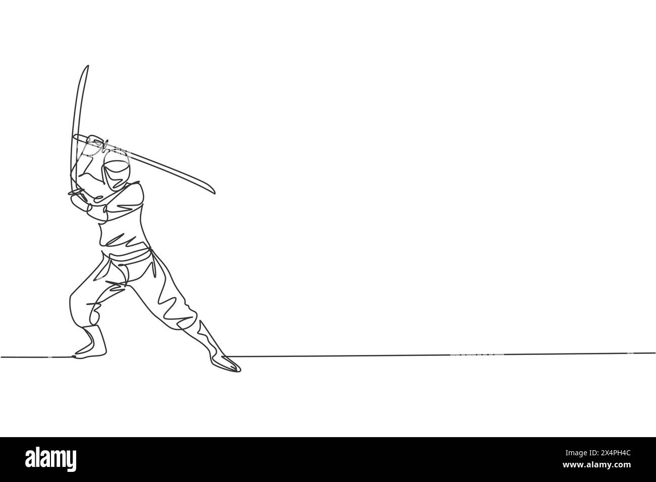 One continuous line drawing of young brave Japanese ninja character on ...