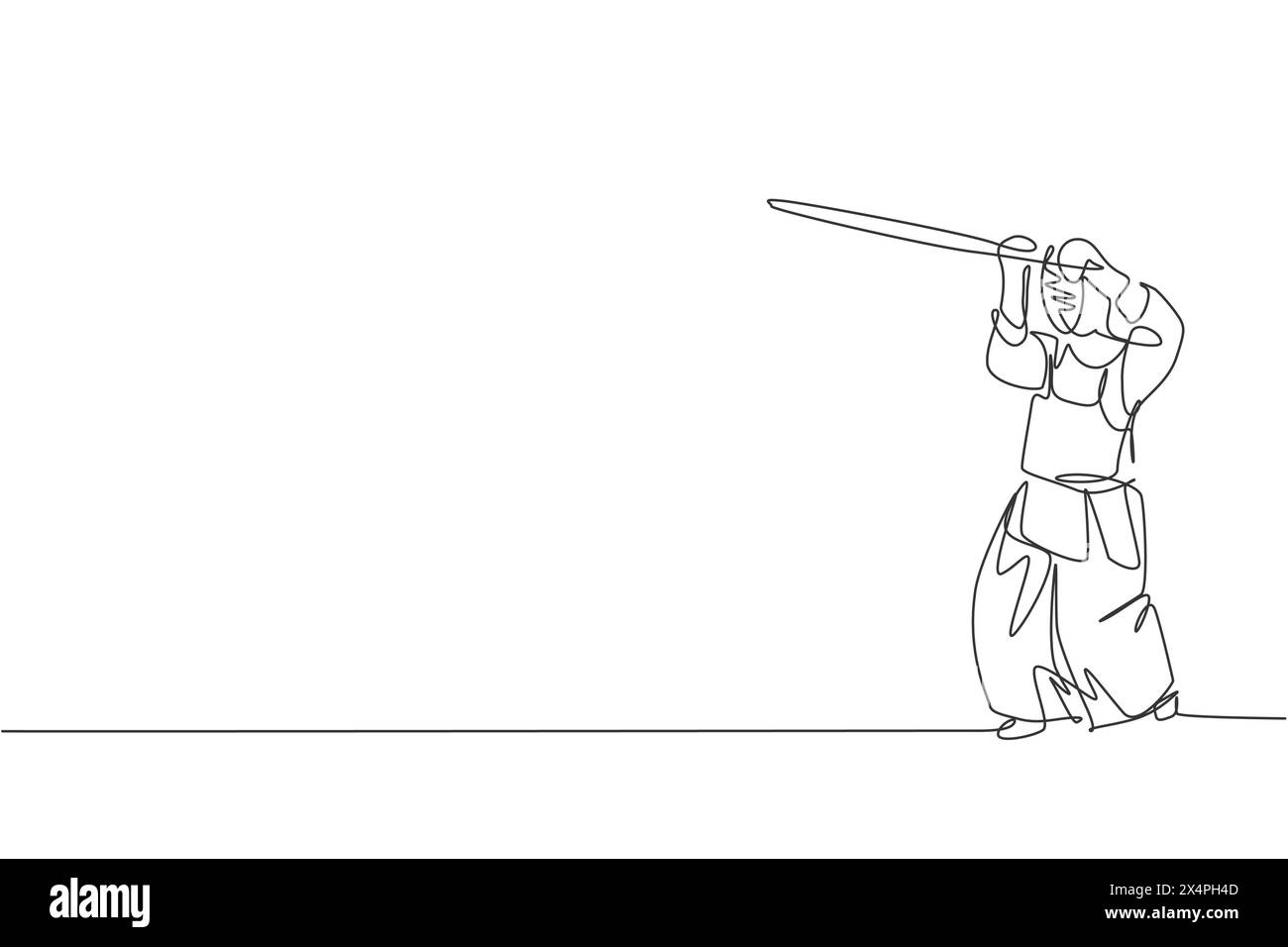 One continuous line drawing of young sporty man training kendo defense ...