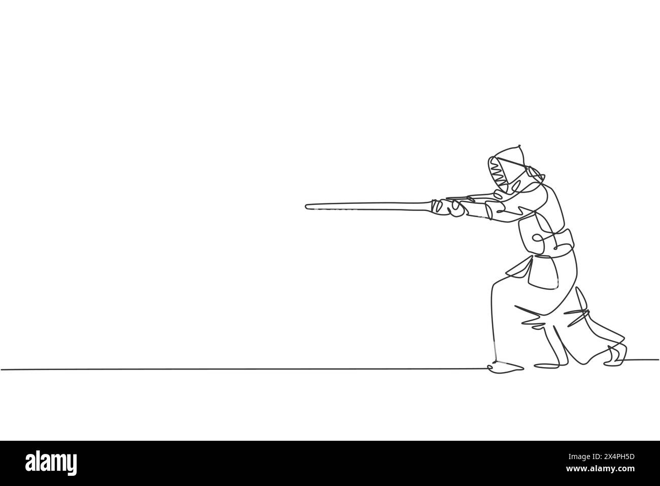 Single continuous line drawing of young sportive man practicing kendo ...