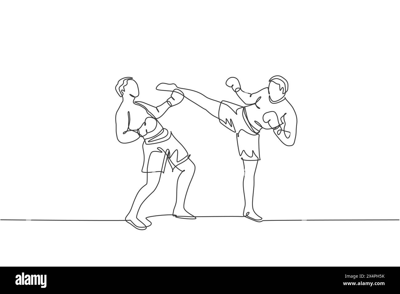 One single line drawing of young energetic man kickboxer practice ...