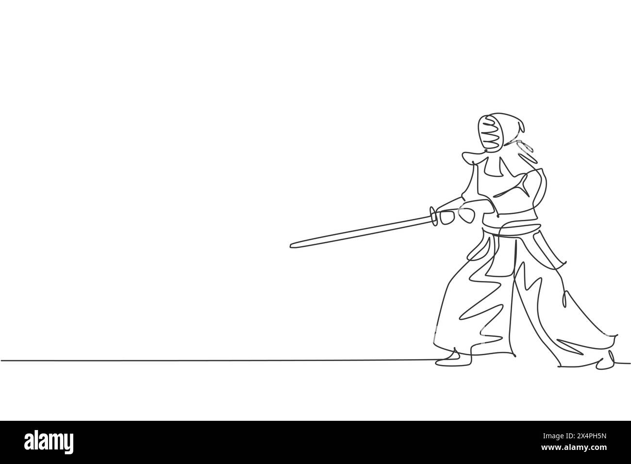 Single continuous line drawing of young sportive man practicing kendo ...