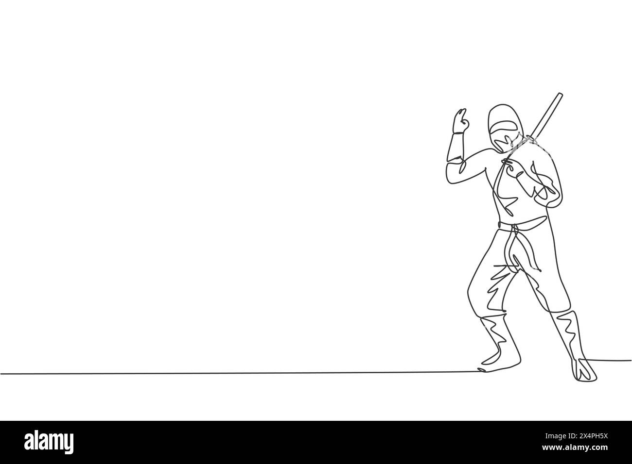 Single continuous line drawing of young Japanese culture ninja warrior ...