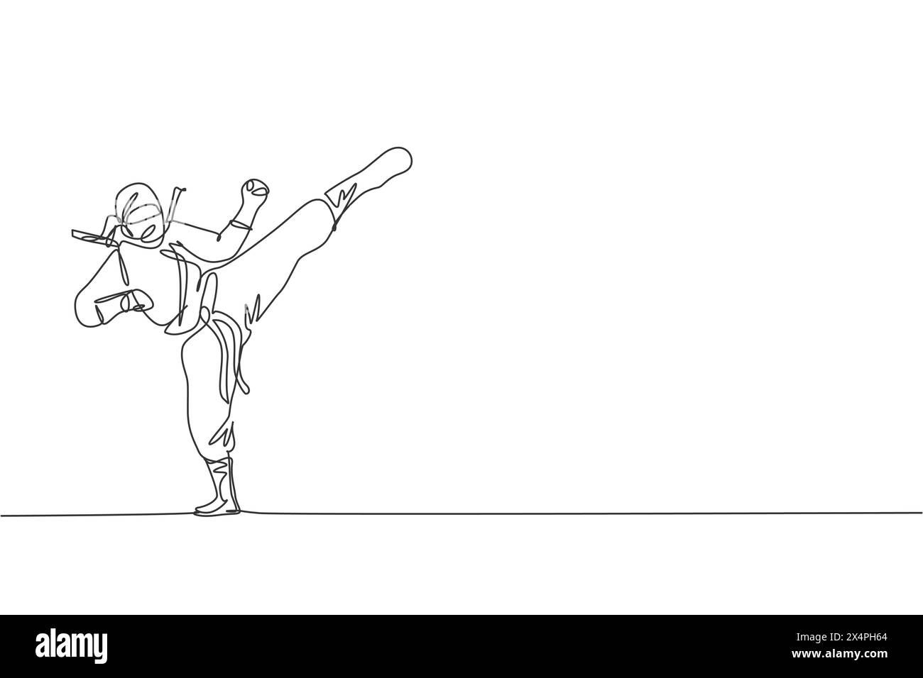 Single continuous line drawing of young Japanese culture ninja warrior ...