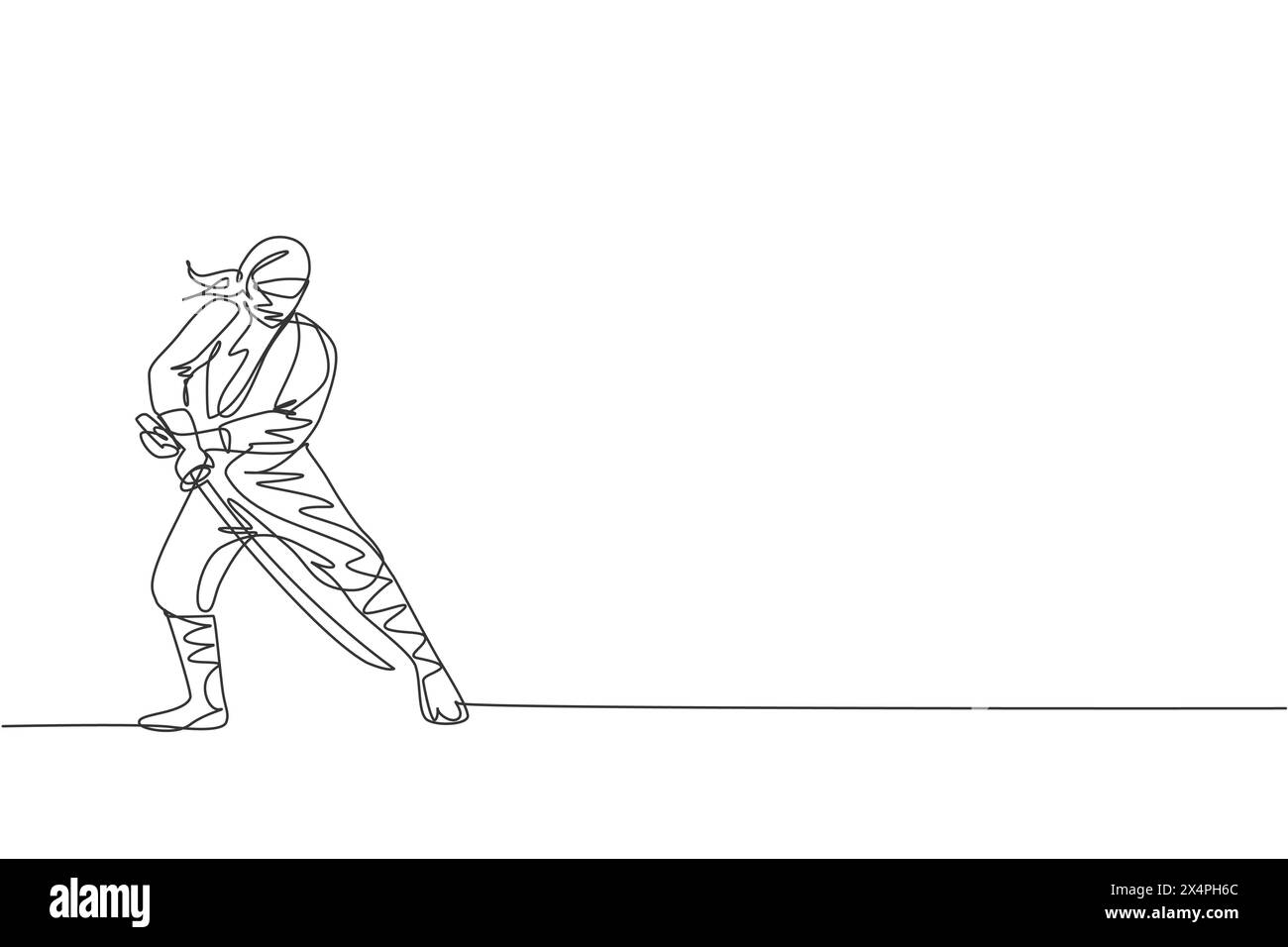 Single continuous line drawing of young Japanese culture ninja warrior ...