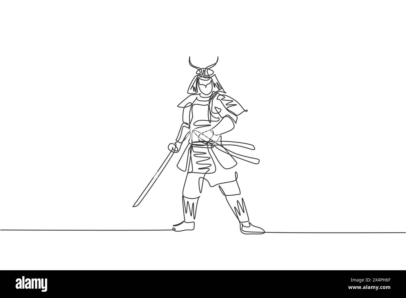 Single continuous line drawing of young strong samurai shogun wearing ...