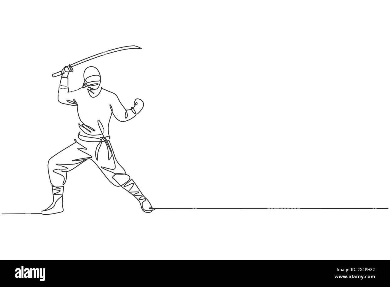 One continuous line drawing of young brave Japanese ninja character on ...