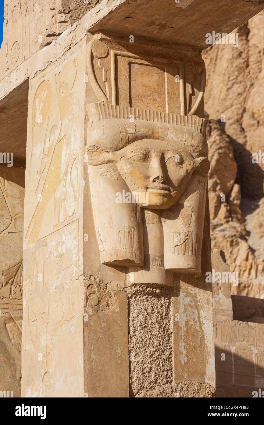 A Hathor column inside the Temple of Hathor at the Mortuary Temple of ...
